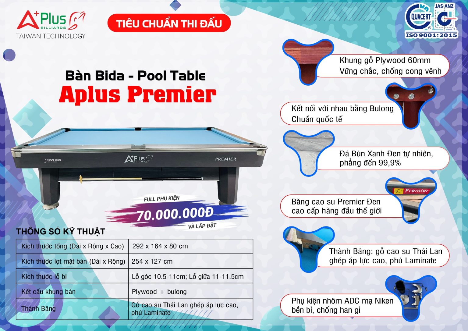 Aplus Premier | Bàn Bida Lỗ | Chính Hãng | Nova Billiards